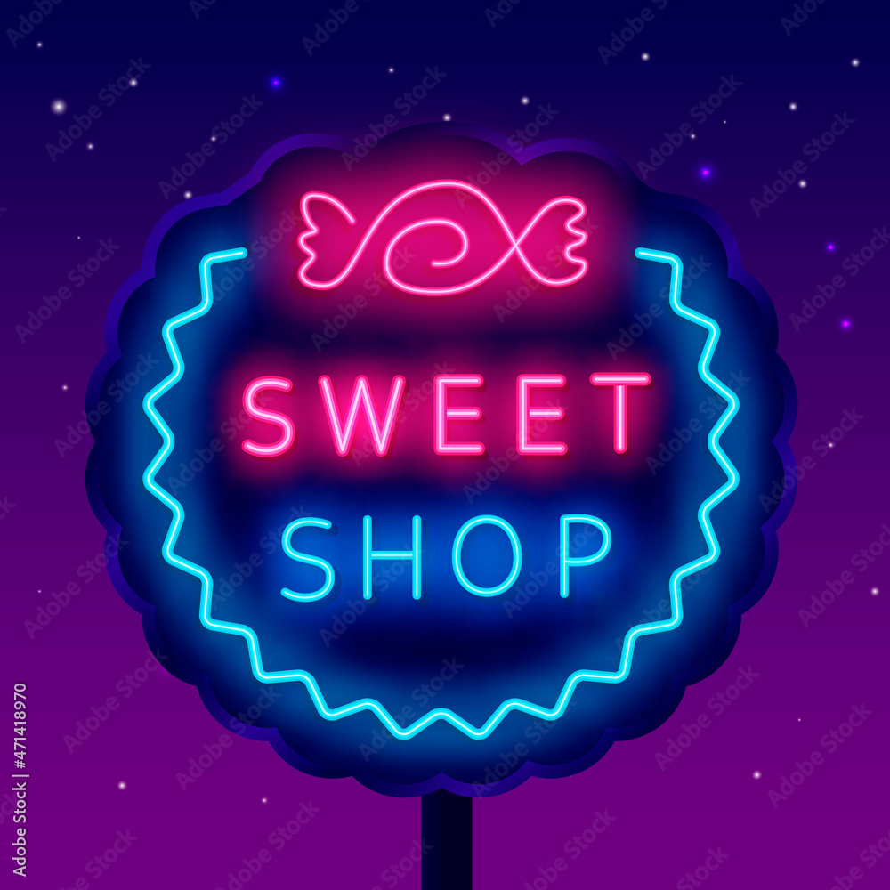 Sweet shop neon billboard with candy. Night bright signboard. Luminous ...
