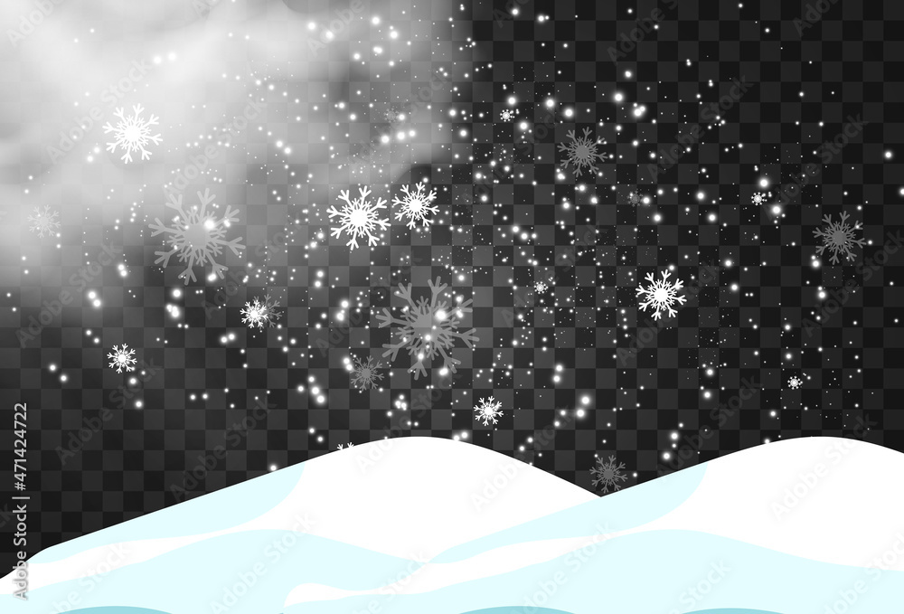 Vector illustration of flying snow on a transparent background.Natural ...
