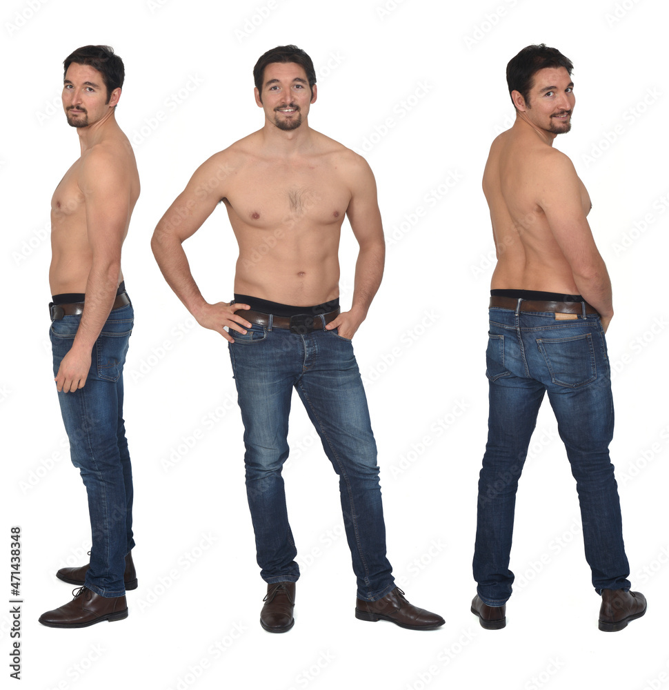 group of same man mashirtless front,back and side view on white ...