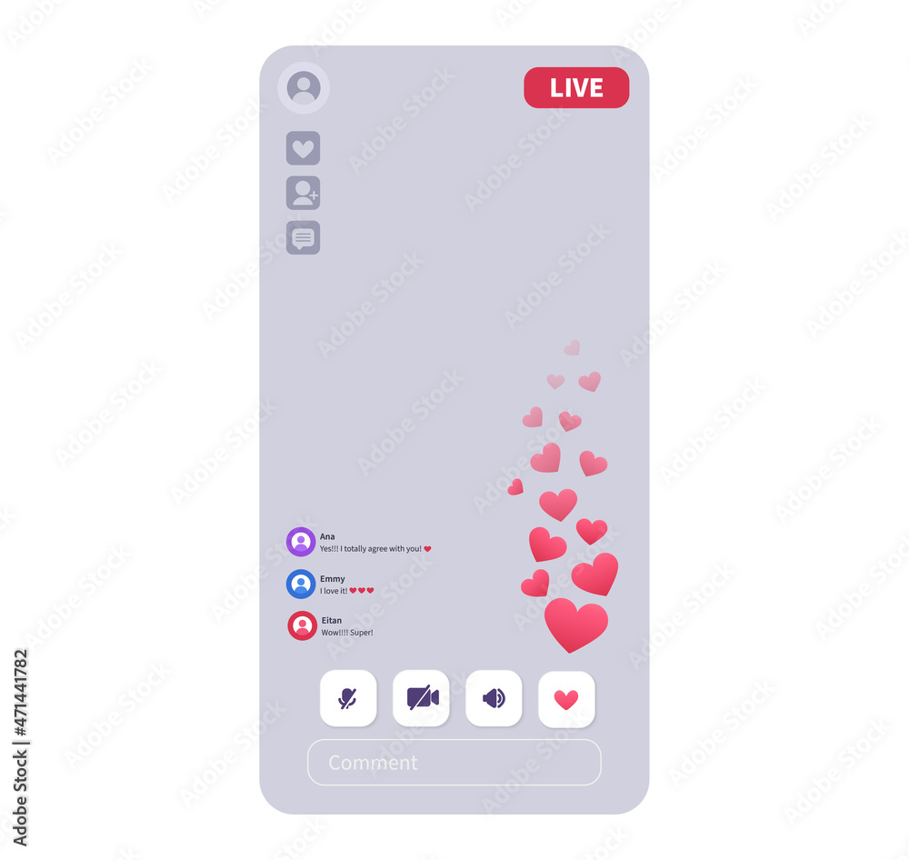 Live stream interface with a lot of likes, appreciations. Stories ...