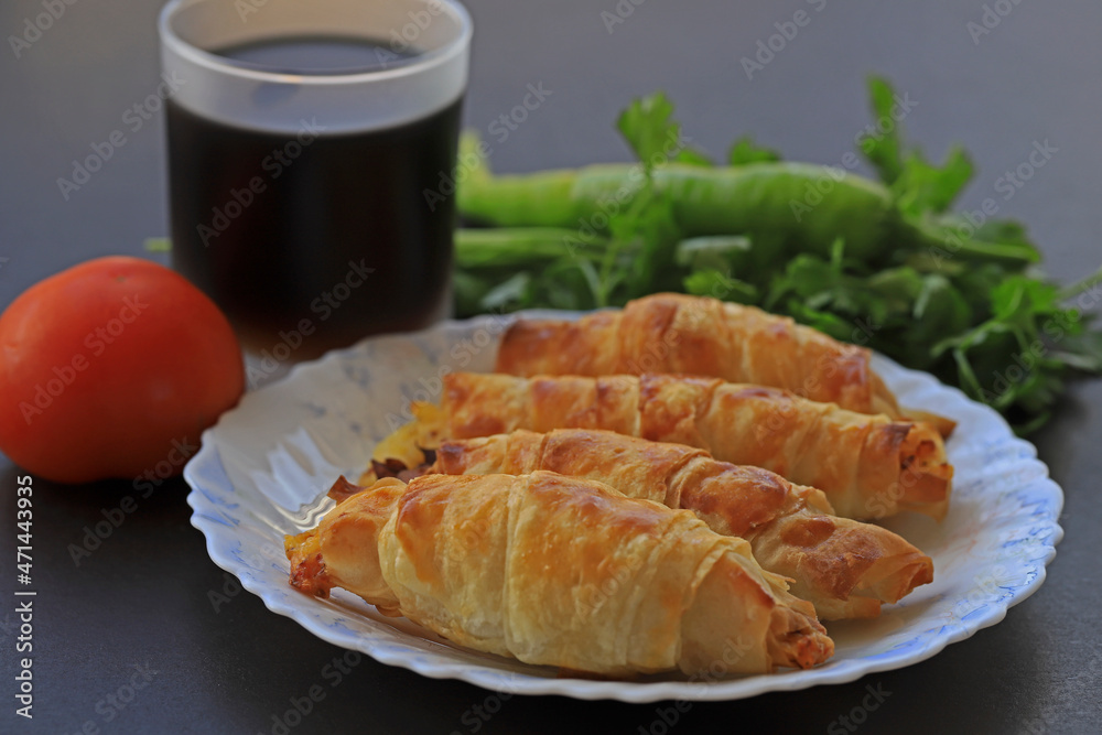 Turkish style potato pie in the form of a roll, made by wrapping dough ...