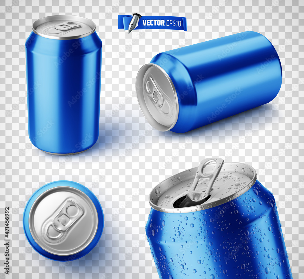 Vector realistic illustration of blue soda cans on a transparent ...