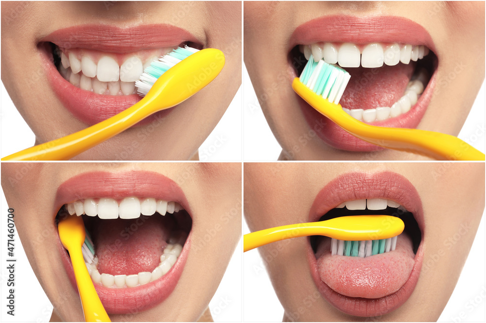 Collage with photos of woman brushing teeth on white background ...