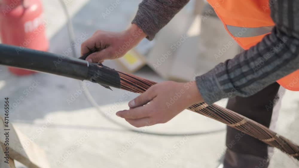 Power cable installation process at a transformer substation Stock ...