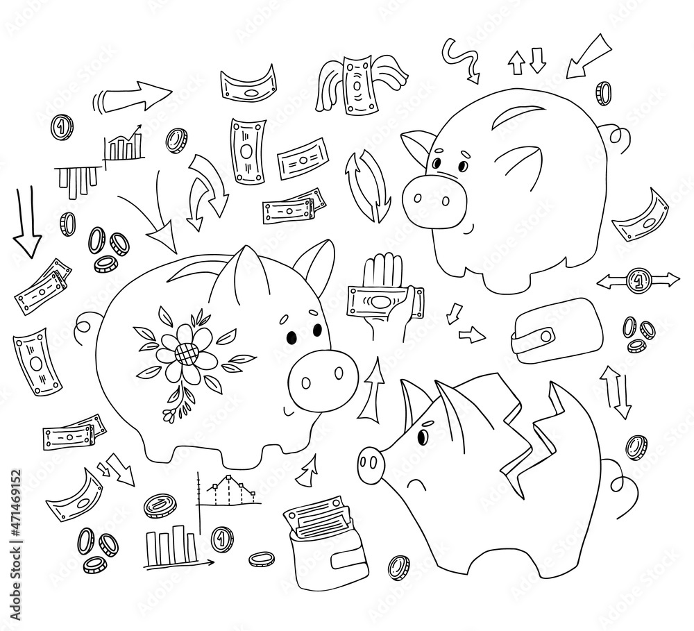 Pig piggy bank, banknotes and cash, money and coins, bank and income ...