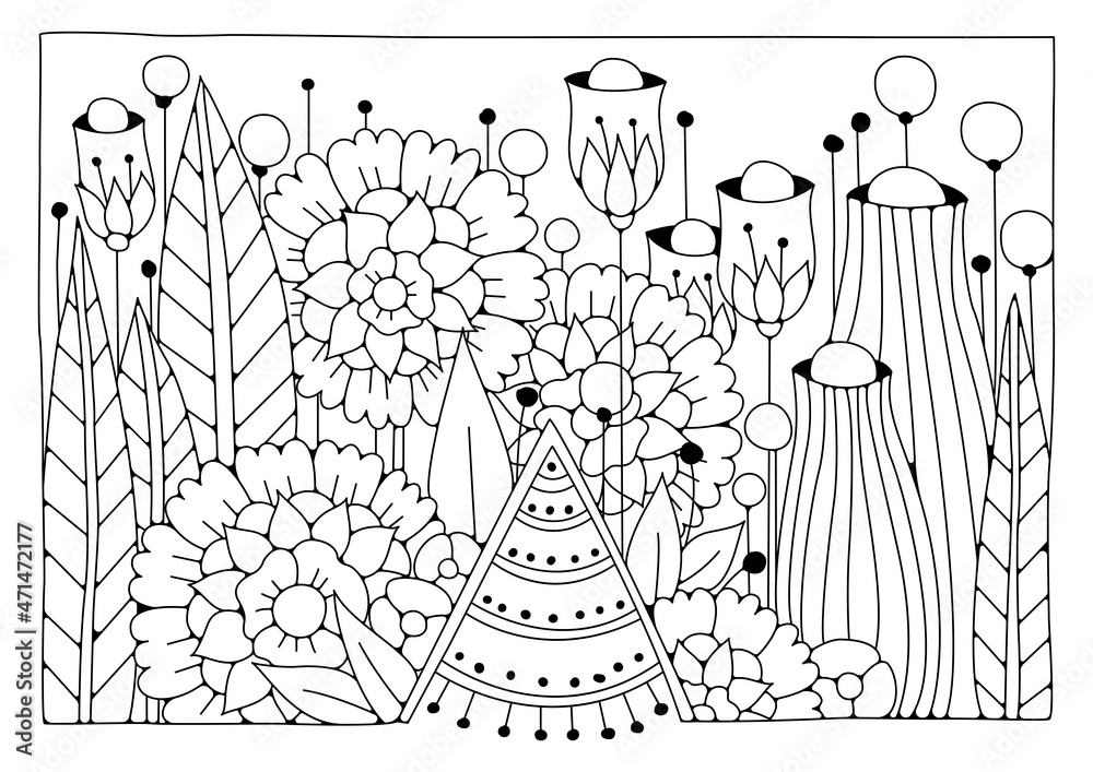 Horizontal coloring page with flowers. Vector background for coloring ...