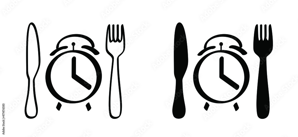 Dinner time or break. Plate, fork, knife icon. Alarmclock pictogram ...
