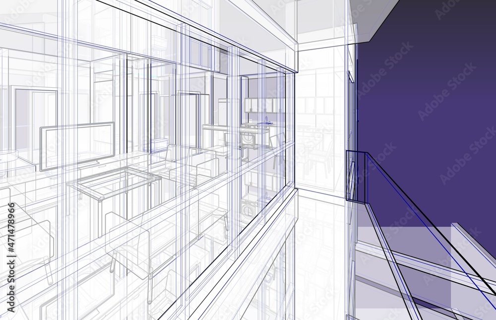 3d illustration of a perspective view from a flat's balcony. Living ...