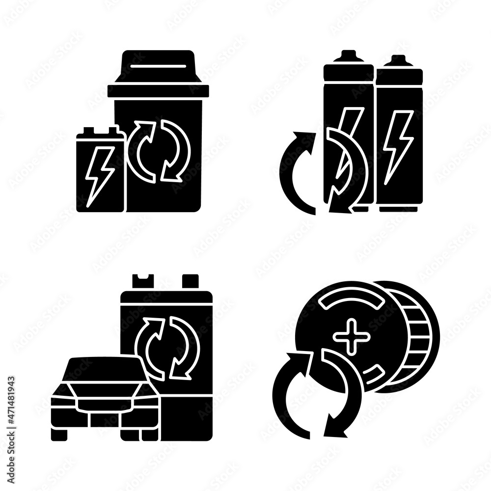 Recyclable battery types black glyph icons set on white space. Lithium ...