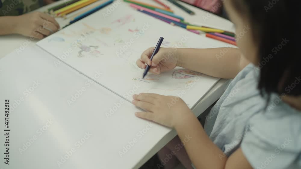 Child Drawing a House, Kid Coloring Studying Art, School Girl Learning ...