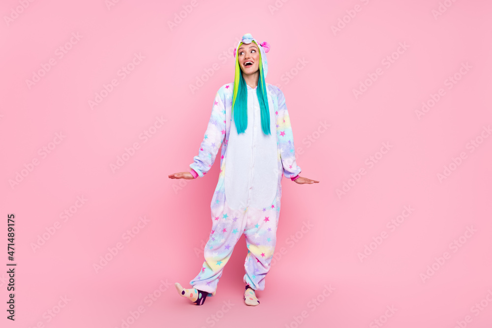 Full length body size view of attractive cheery girl wearing kigurumi ...