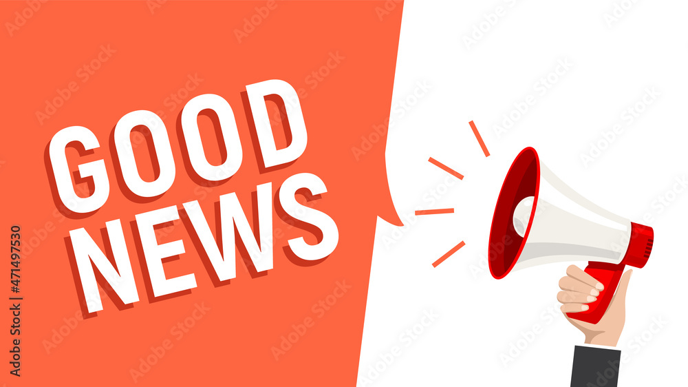Good news announce megaphone hand holding cartoon attention. Great news ...