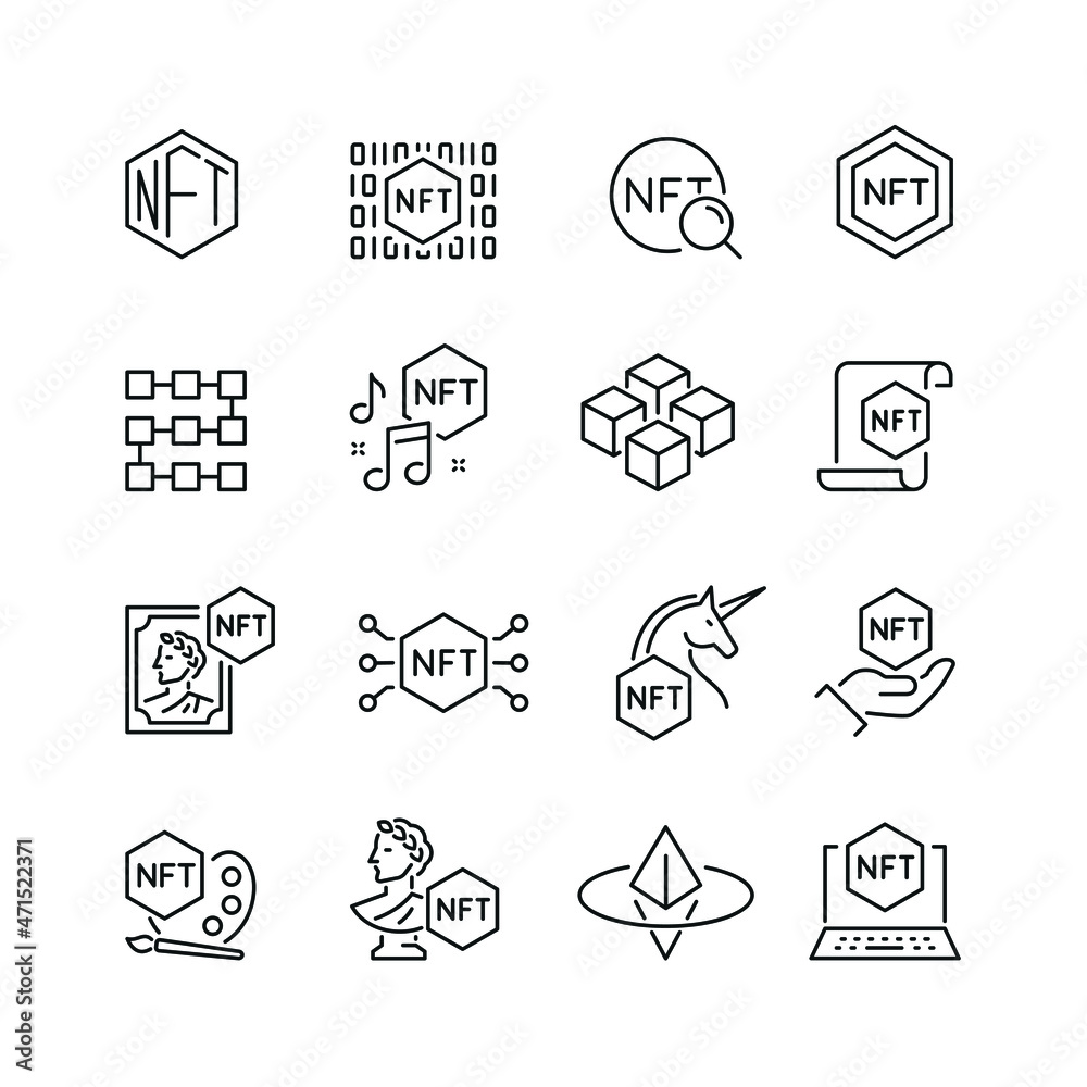 NFT related icons: thin vector icon set, black and white kit Stock ...