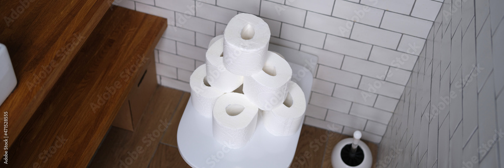 Many rolls of white paper are on toilet in restroom Stock Photo | Adobe ...