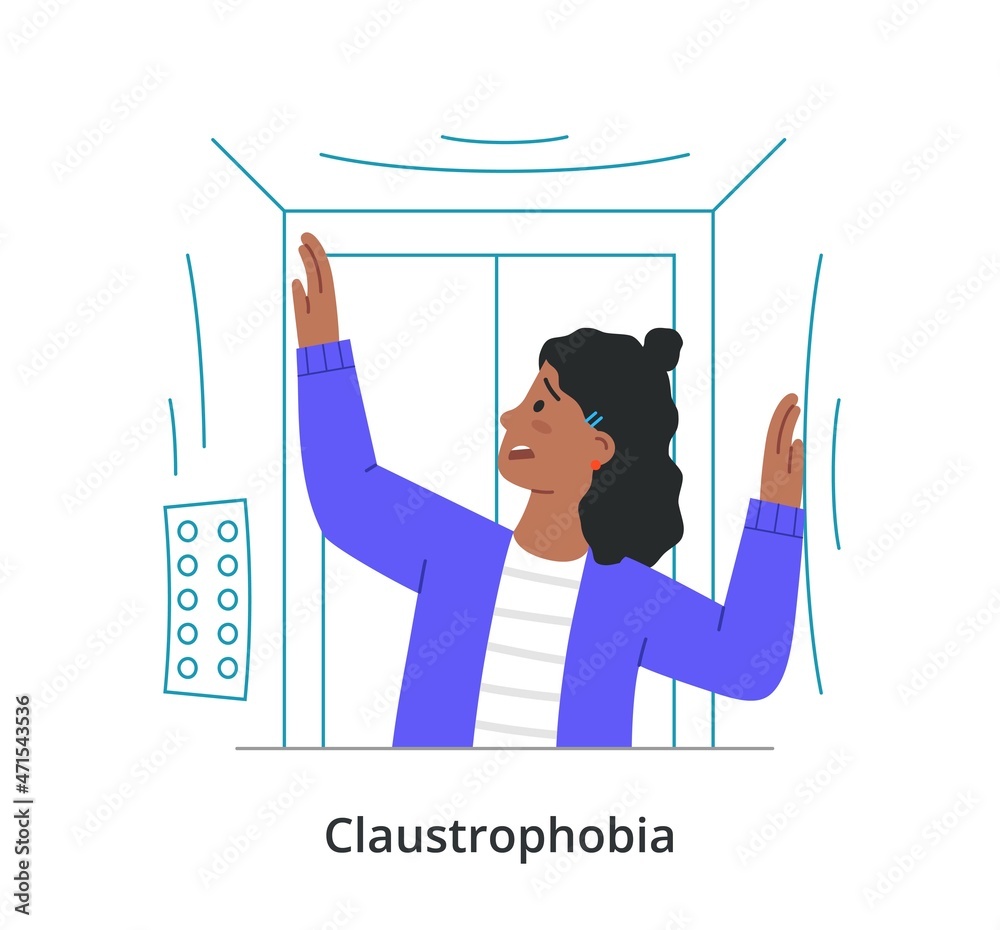 Phobias and fears concept. Claustrophobia. Young, frightened woman got ...