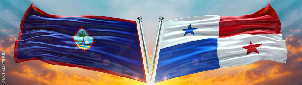 Guam flag and Panama Flag waving with texture sky Cloud and sunset ...