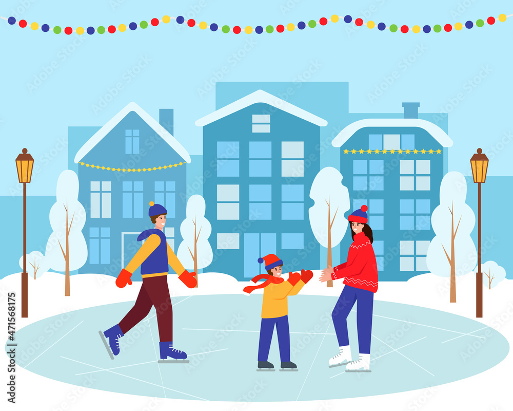 Ice Skating rink with happy people. Winter holidays concept. City town ...
