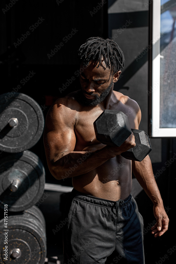 Strong Shirtless African American Male With Perfect Body Exercising ...