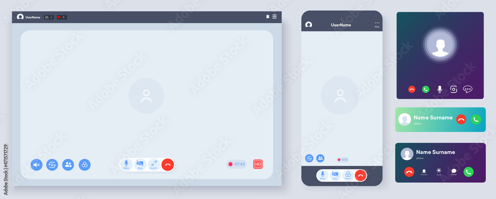 Video conference user interface. Mockup incoming call, voicemail screen ...