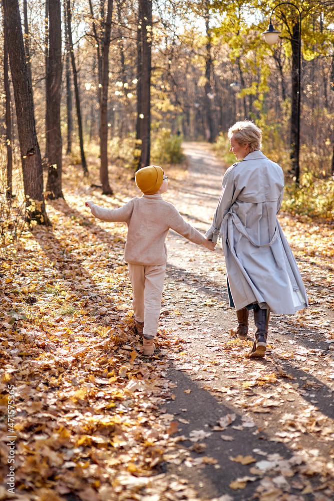 view from back on woman walking with son, having conversation, jumping ...