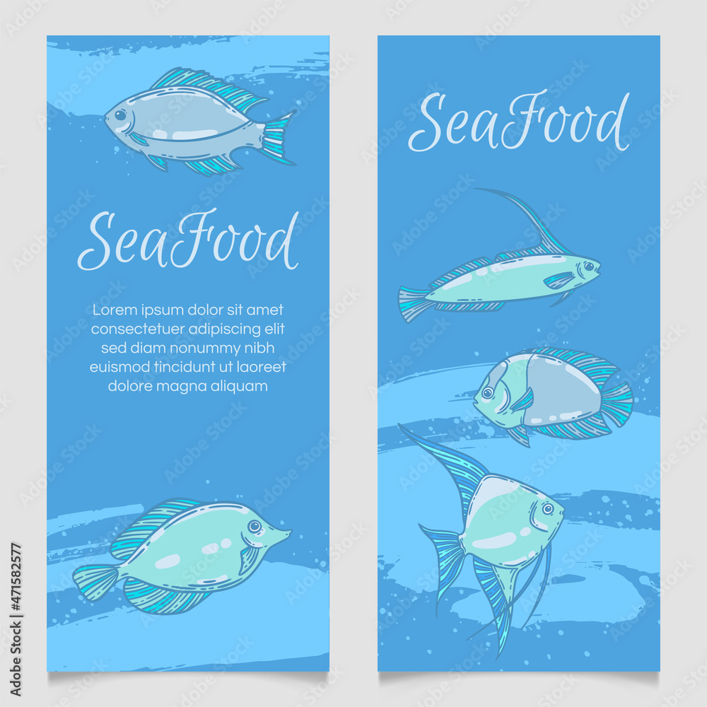 Seafood restaurant menu template, hand drawn fish vector illustration ...