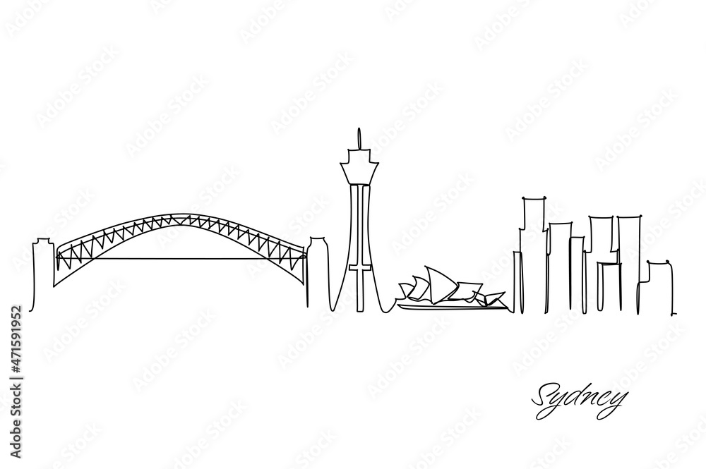 City silhouette Sydney in pen line style drawing with black lines on ...
