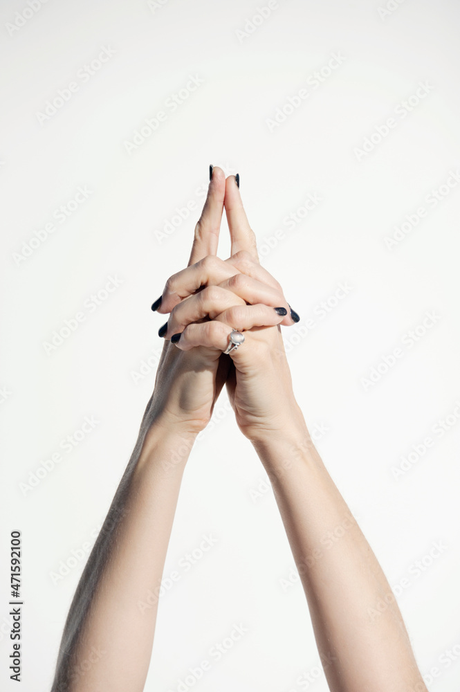 Yoga Mudra Temple Hands photographed on a white backdrop. Stock Photo ...