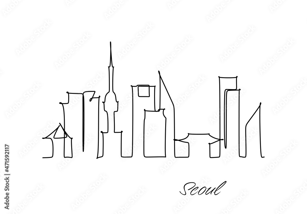 Line Art Vector Illustration of Modern Seoul City with Skyscrapers ...