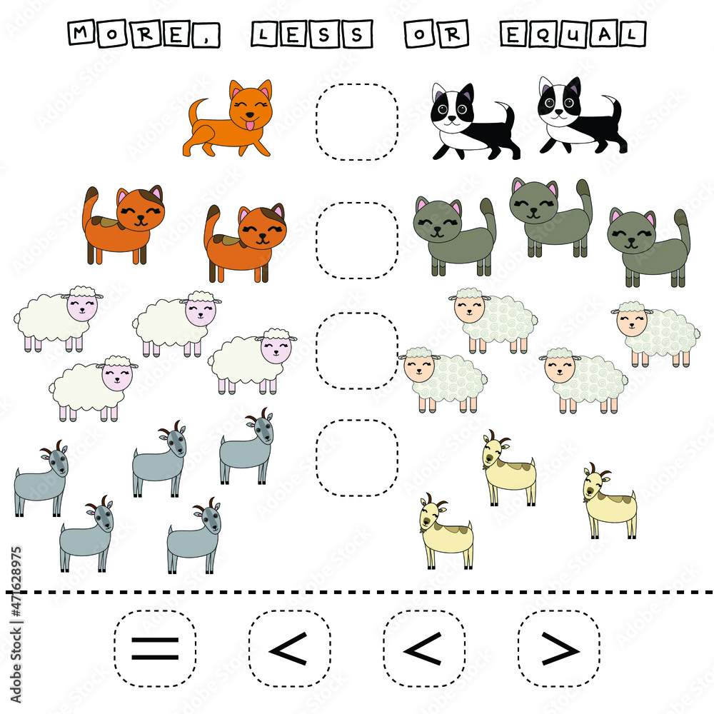 Which is greater, less or equal game with funny pets. Worksheet for ...