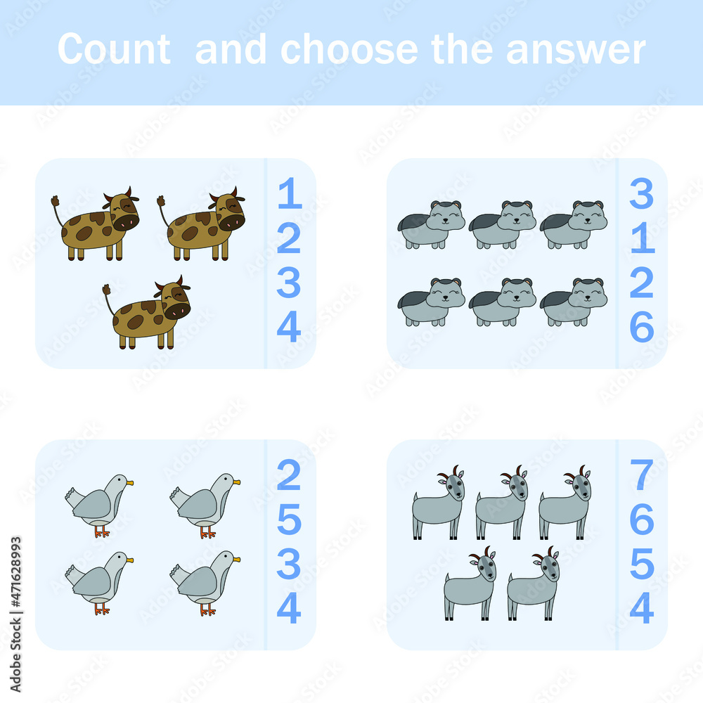 Counting Game for Preschool Children. Count how many cows, hamsters ...
