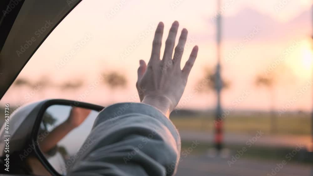 free girl hand out of the window rides a car wind in the face. concept ...