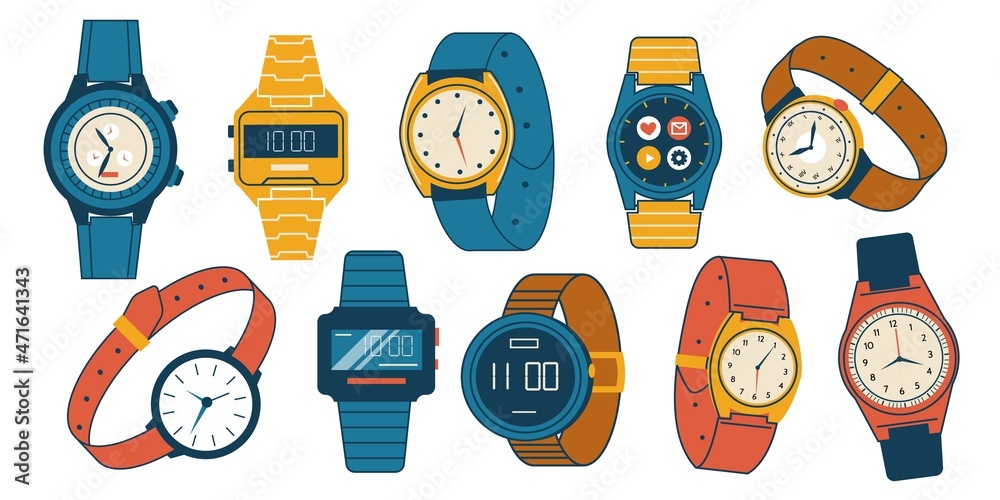 Mens and womens wristwatch. Doodle analog and digital watches. Isolated ...