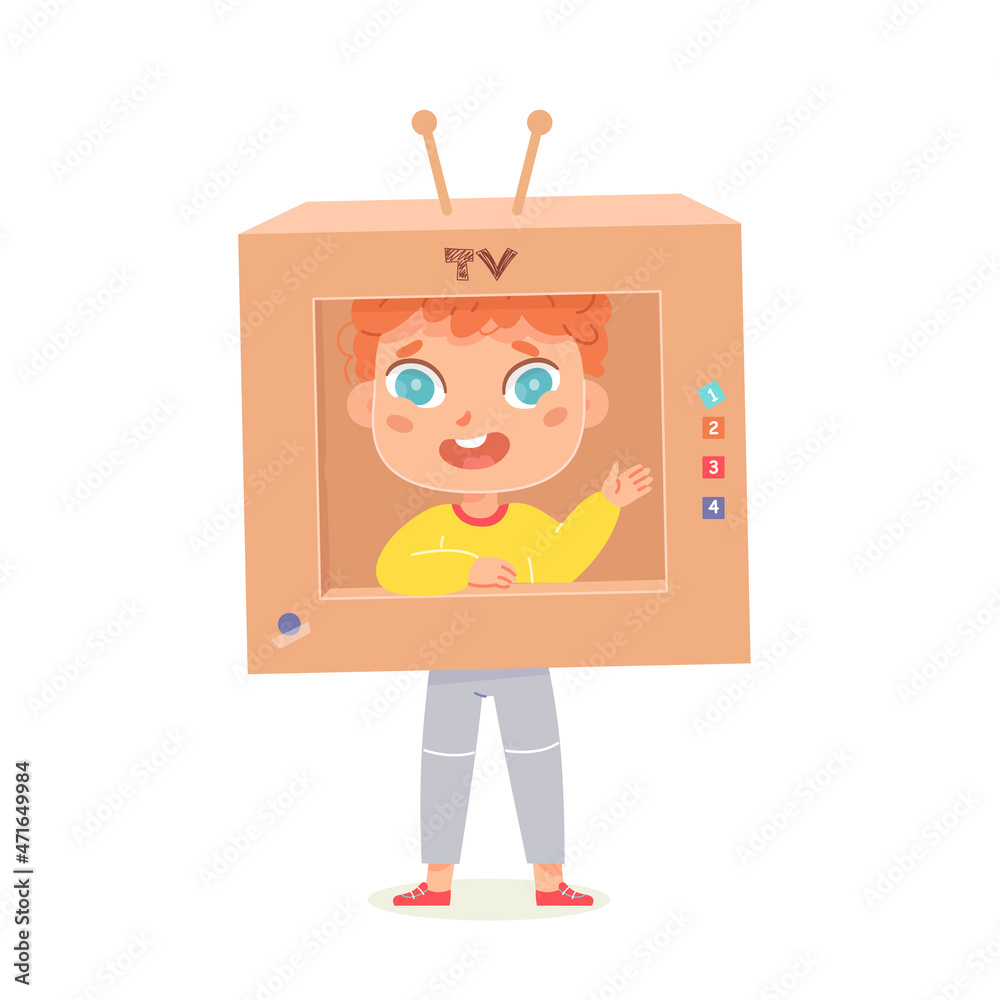 Kid playing fun game with TV cardboard box on head, child making ...