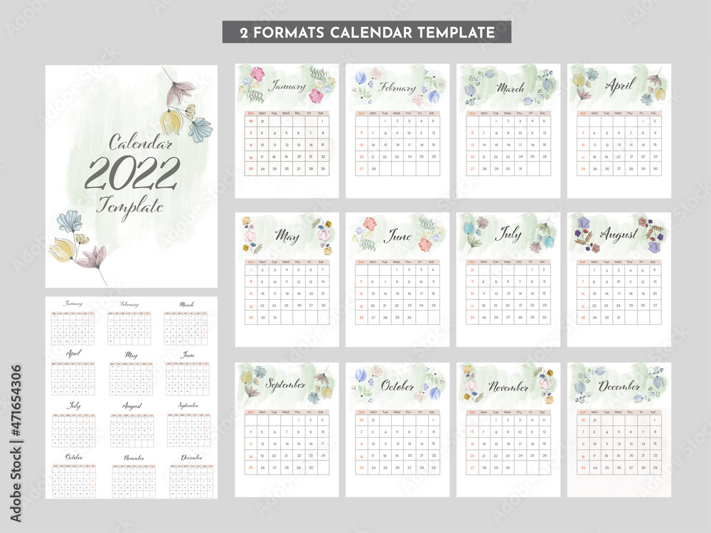 Two Formats Yearly Calendar Template Design For 2022 Concept. Stock ...