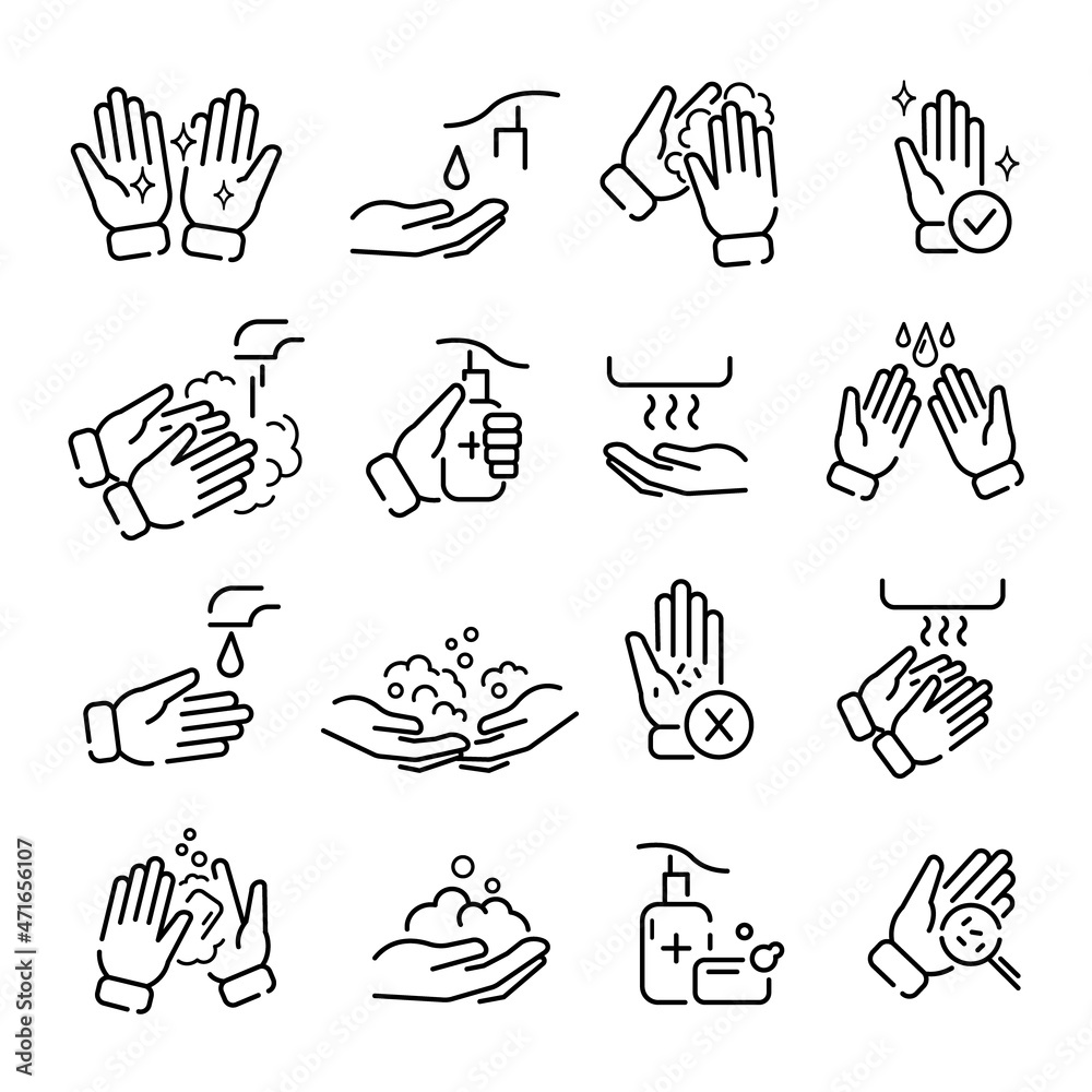 Hands washing flat icon set. Tutorial of hand cleaning pictograms for ...