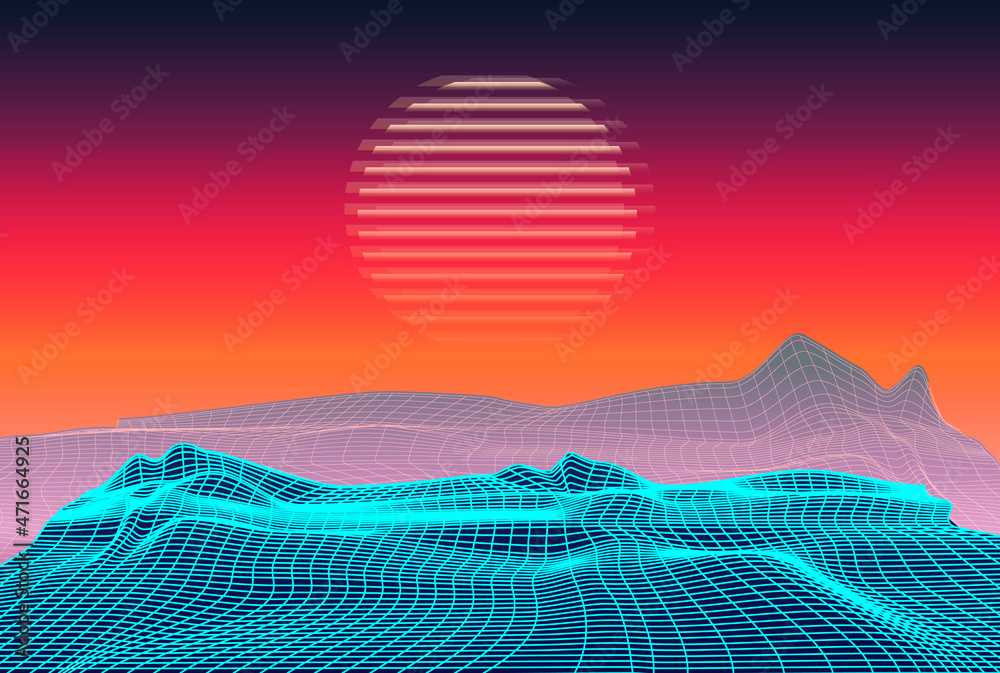 abstract retrowave, synthwave futuristic landscape with perspective ...