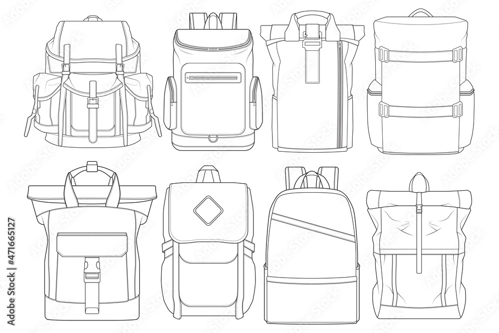 Set of backpack outline drawing vector, set of Backpack in a sketch ...
