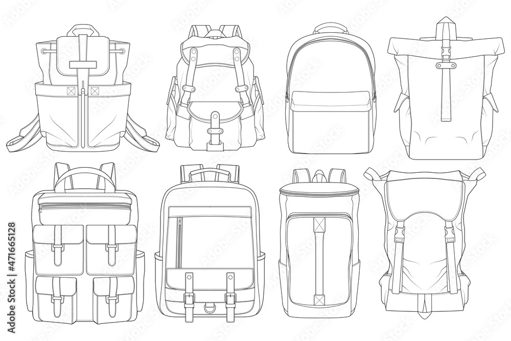 Set of backpack outline drawing vector, set of Backpack in a sketch ...