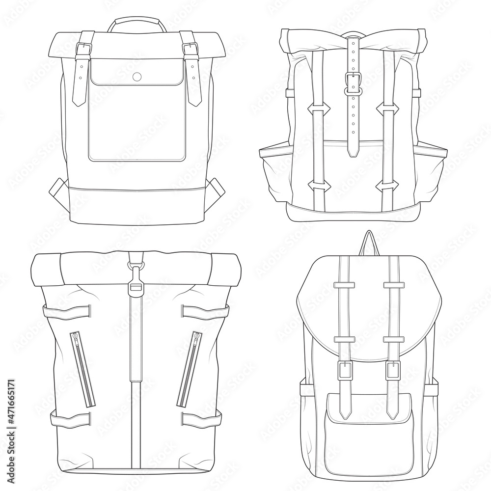 Set of backpack outline drawing vector, set of Backpack in a sketch ...