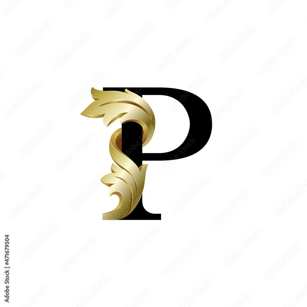 Initial letter P, 3D luxury golden leaf overlapping black serif font on ...
