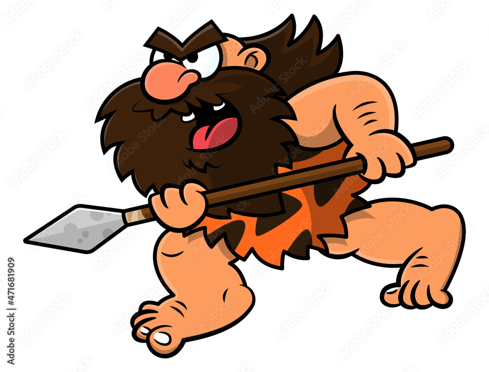 Cartoon illustration of Caveman hunting used a wood spear with blade ...
