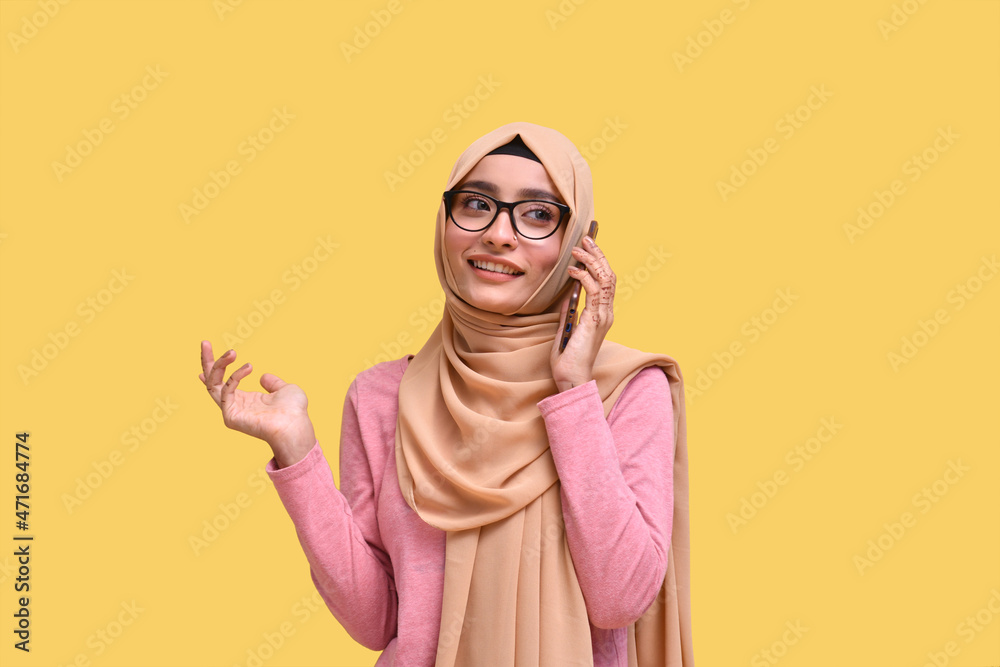 muslim girl wearing hijab having pleasant phone communication indian ...