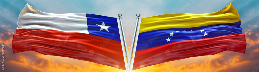 Chile flag and Venezuela Flag waving with texture sky Cloud and sunset ...