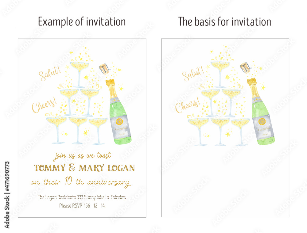Champagne Glass Tower watercolor and wine party invitation card, layout ...