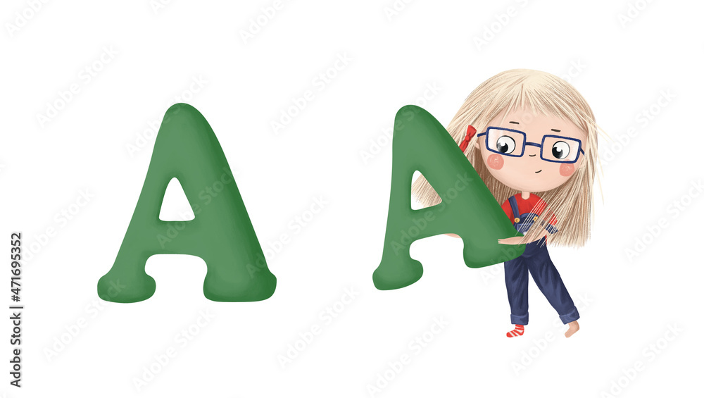 Cute little girl with letter "A" on white background. Learn alphabet ...
