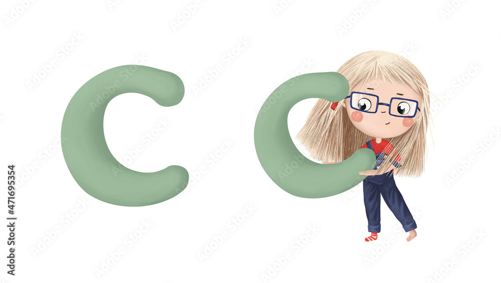 Cute little girl with letter "C" on white background. Learn alphabet ...