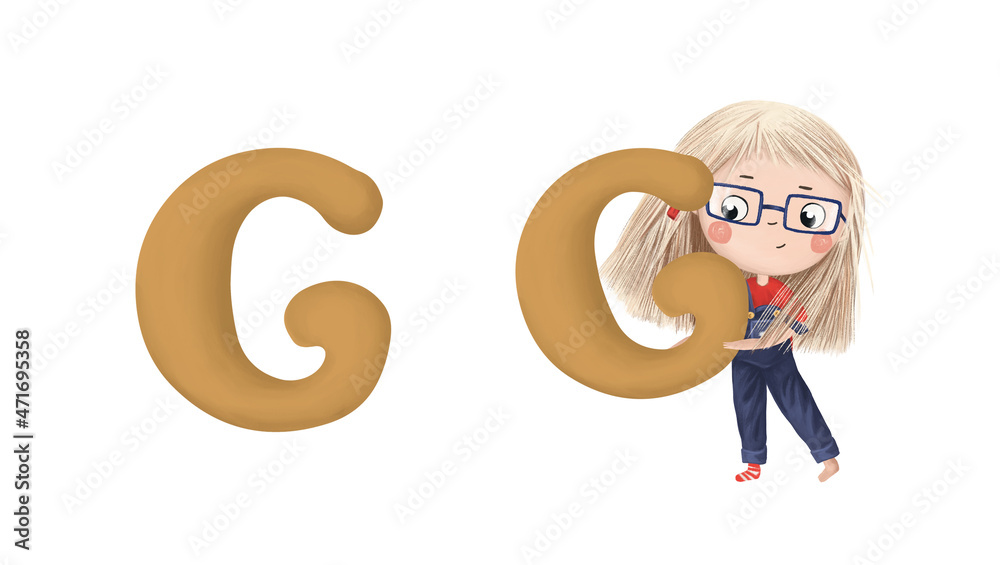 Cute little girl with letter "G" on white background. Learn alphabet ...