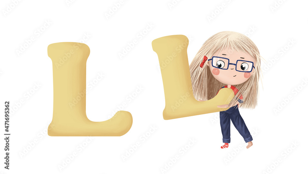 Cute little girl with letter "L" on white background. Learn alphabet ...