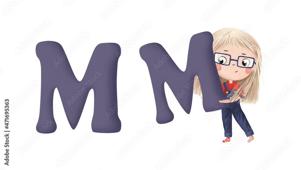 Cute little girl with letter "M" on white background. Learn alphabet ...
