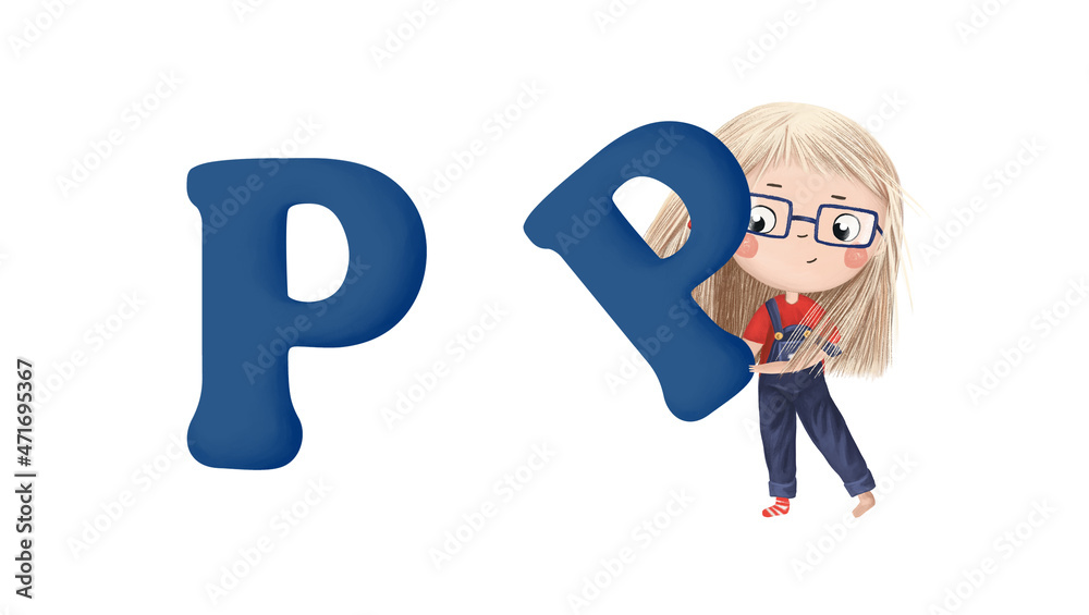 Cute little girl with letter "P" on white background. Learn alphabet ...